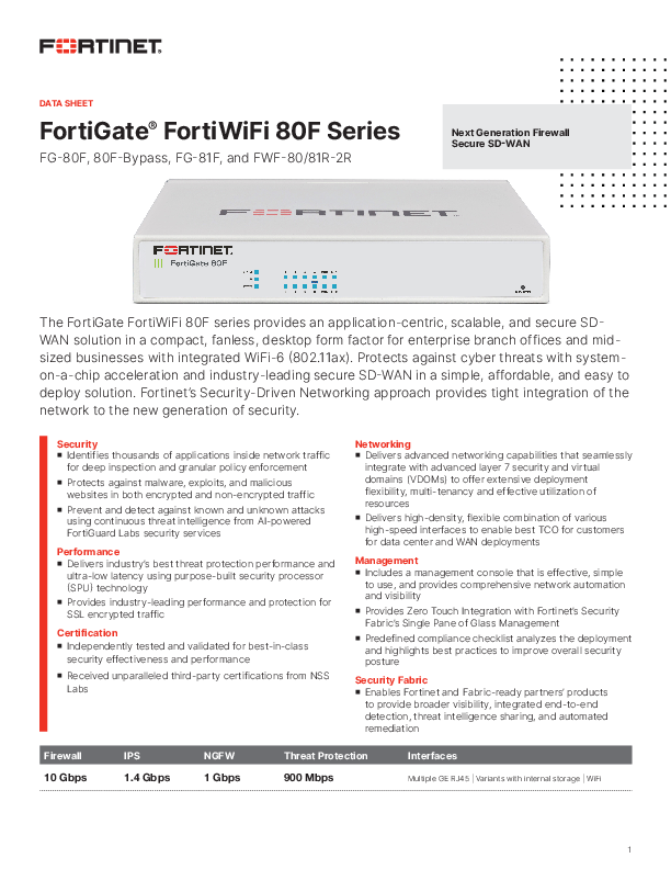 FortiGate 80F Series Data Sheet
