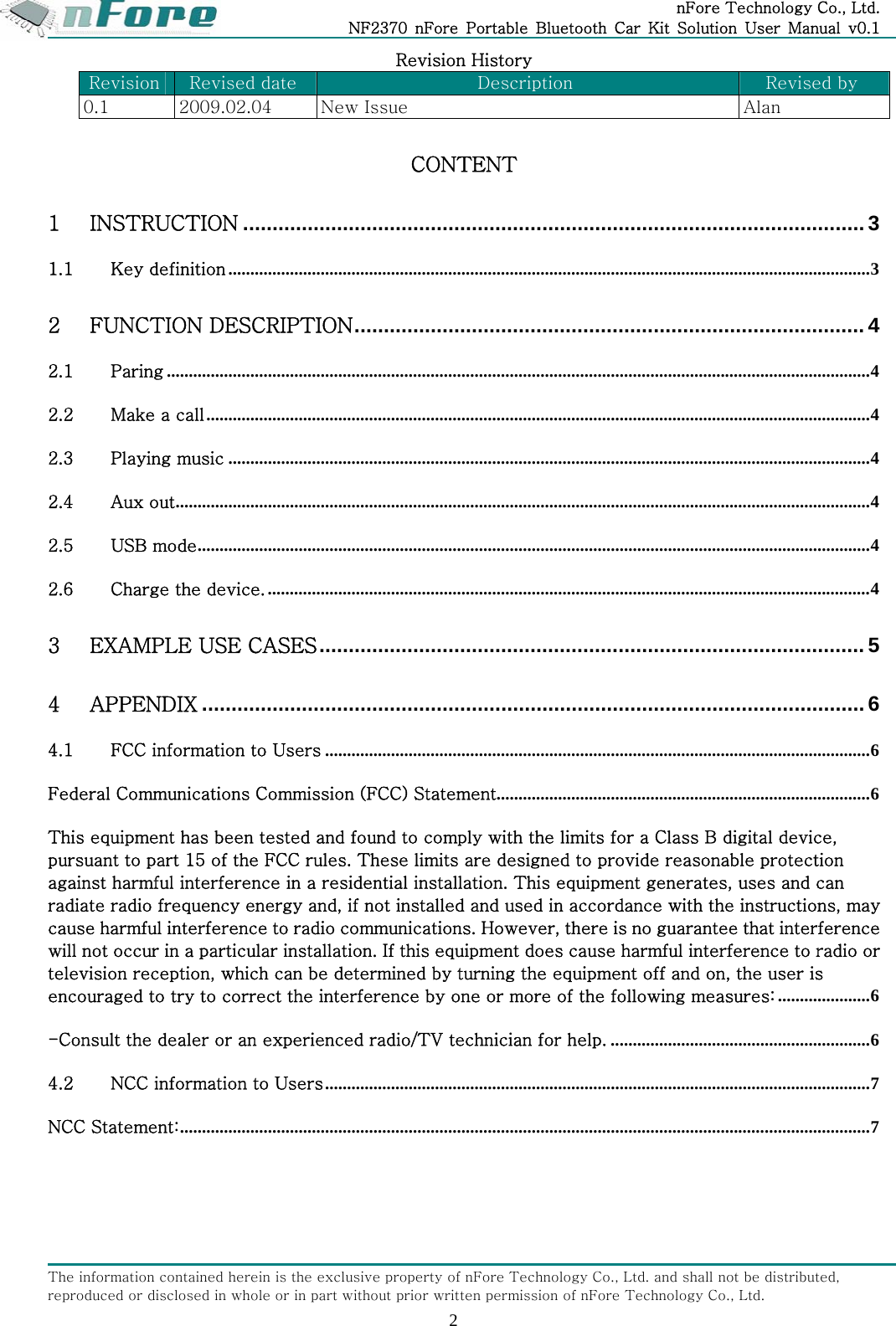 nFore Technology NF2370 Bluetooth Car Kit User Manual NF2370 USER GUIDE