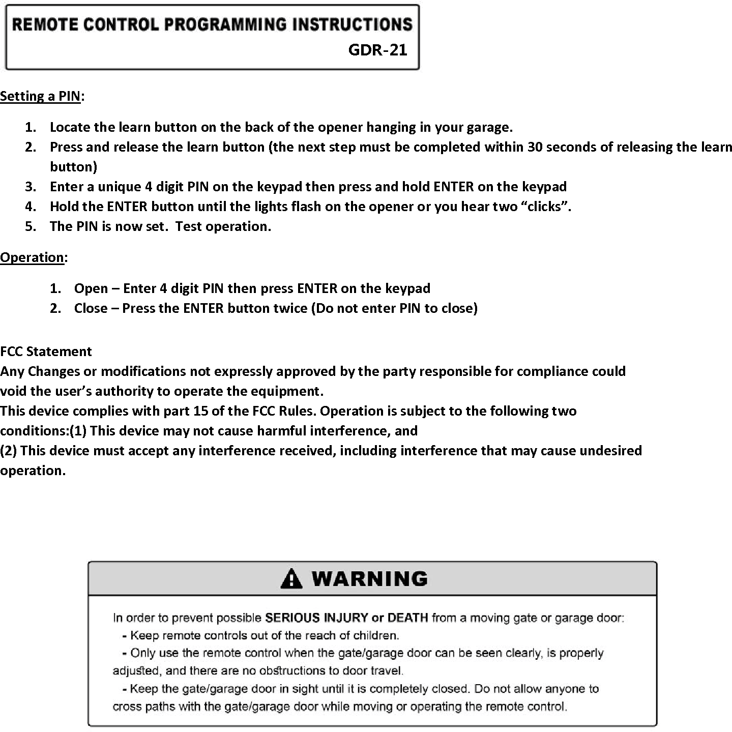 shengzhen commercial and trade GDR21 Garage Keypad Control User Manual ...