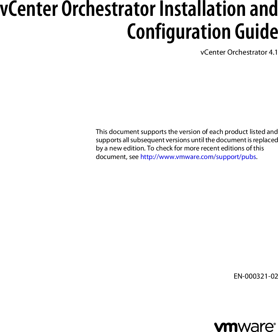 Vmware VCenter Orchestrator Installation And Configuration Guide 4.1 V Center Vco 410 Install ...